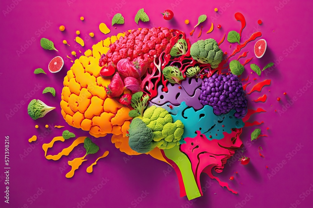 Exploded brain made of colorful vegetables on magenta background ...