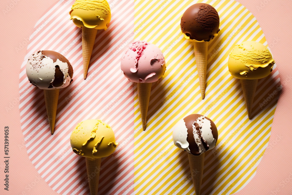 Ice cream scoops in the colors of vanilla, strawberry, chocolate, and ...