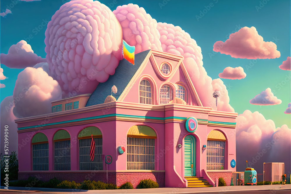 A painting of a pink building with a rainbow flag on top, a detailed ...