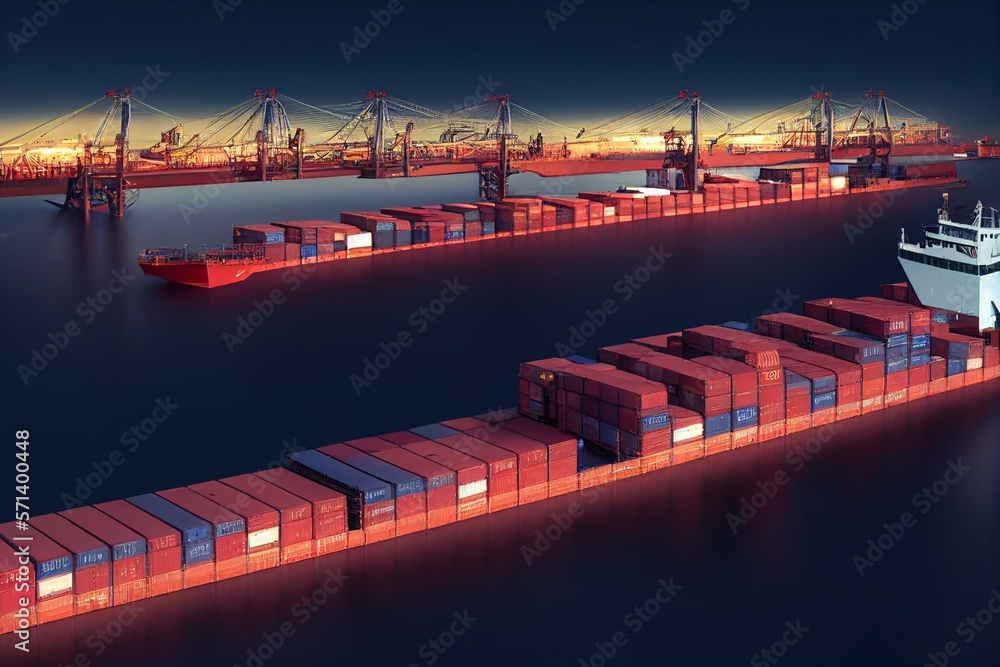 Panorama image of container cargo ship with ports crane bridge in ...