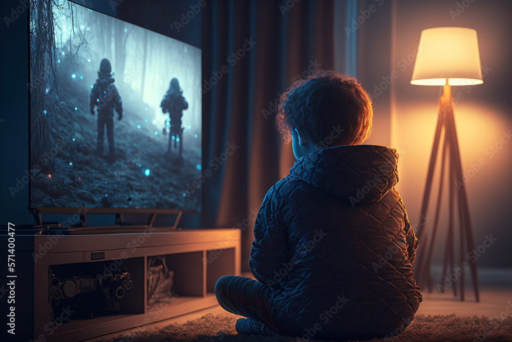 Child, with his back turned, watches television alienated, alone ...