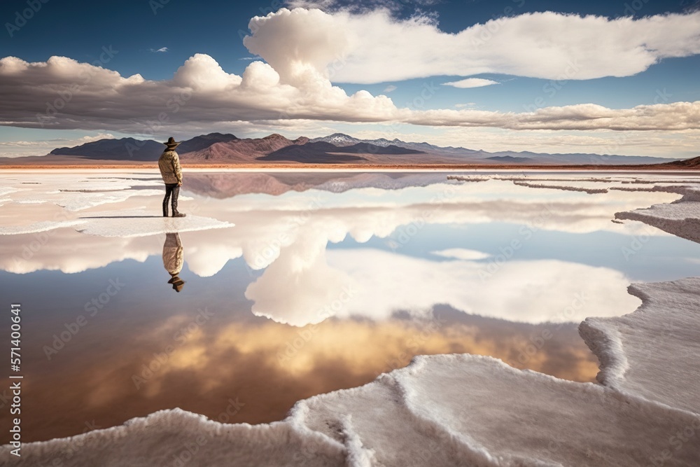 Tourist in the Uyuni salt flats enjoying a splendid landscape. Ai ...
