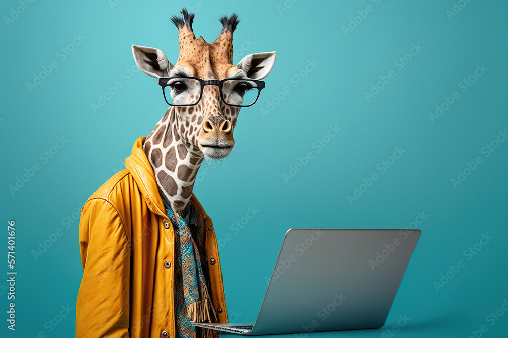 Studio photo portrait of a happy giraffe in hipster clothes working on ...