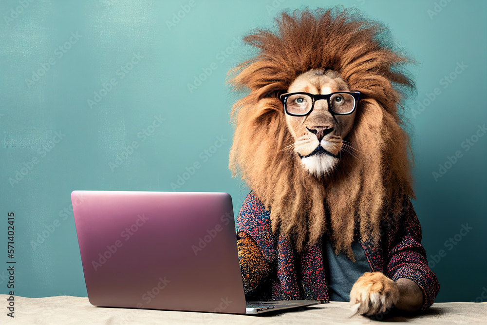 Studio photo portrait of a happy lion in hipster clothes working in ...