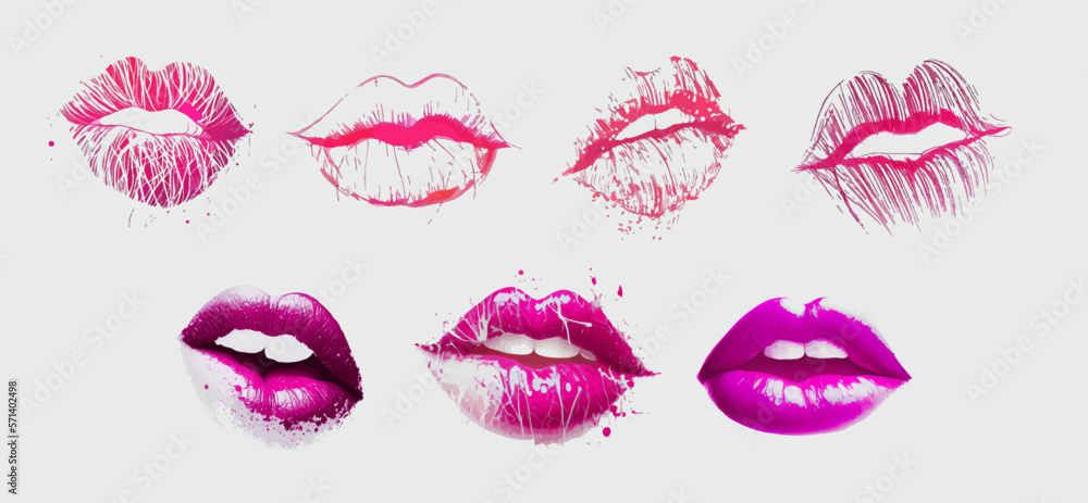 Watercolor female lips in pink shades and with pink lipstick. Kiss mark ...
