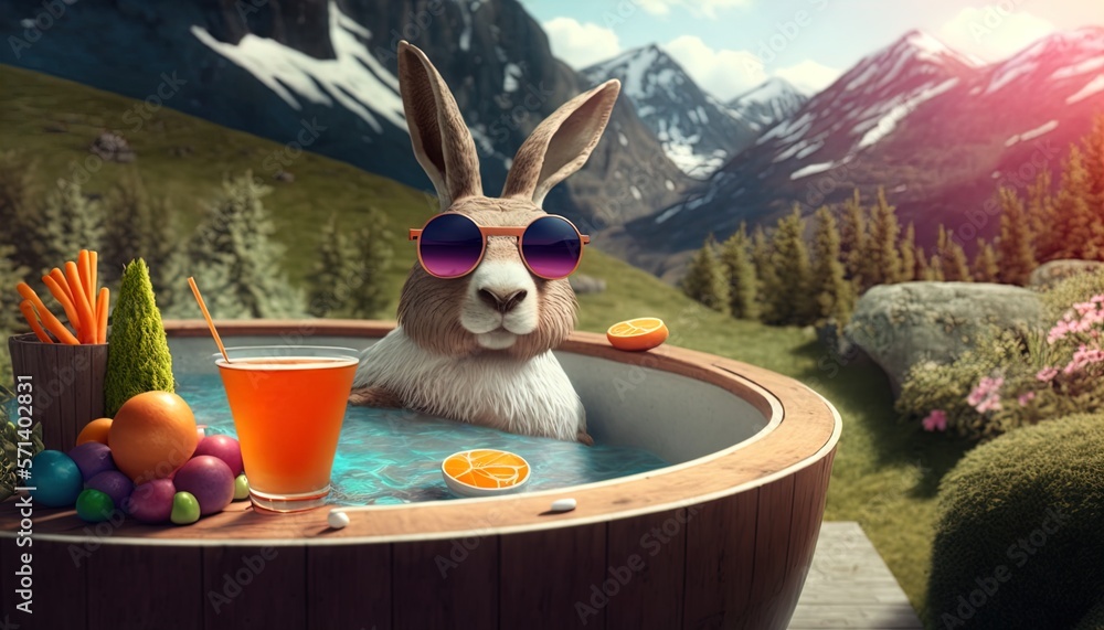 Colorful beautiful Easter dream with Easter bunny on vacation trip ...