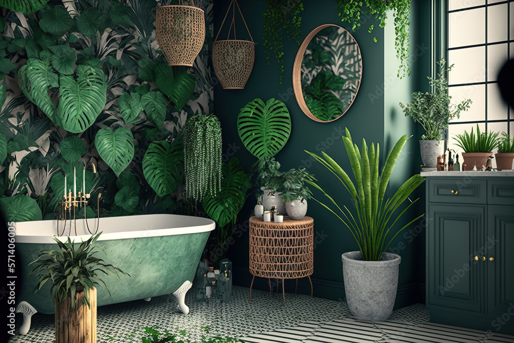 interior decor inspired by the urban jungle. Modern bathroom furnished with wicker furniture and ...