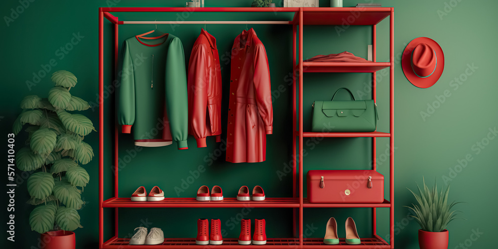 Rack with female clothes. Modern wardrobe with stylish red green ...
