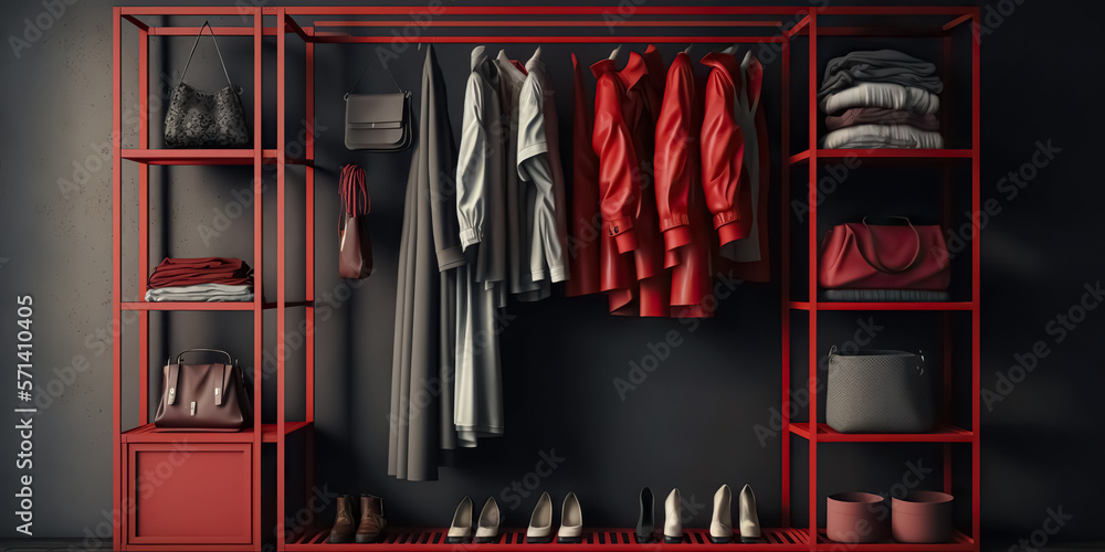 Rack with female clothes. Modern wardrobe with stylish red black ...