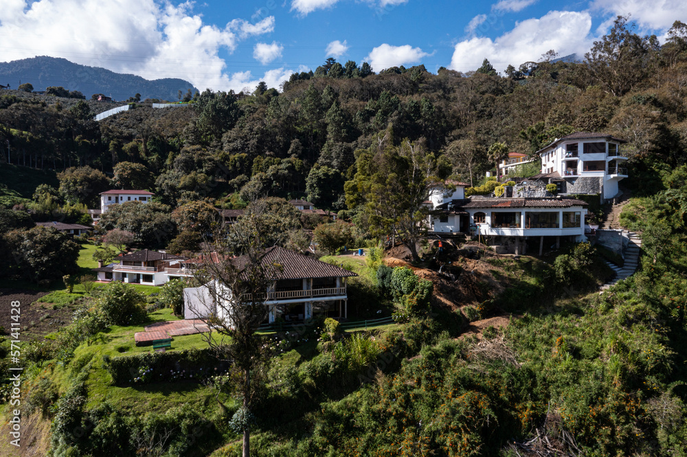 Banos, Ecuador, 1-10-2023: Aerial view of the hotel Luna Volc?n, a ...