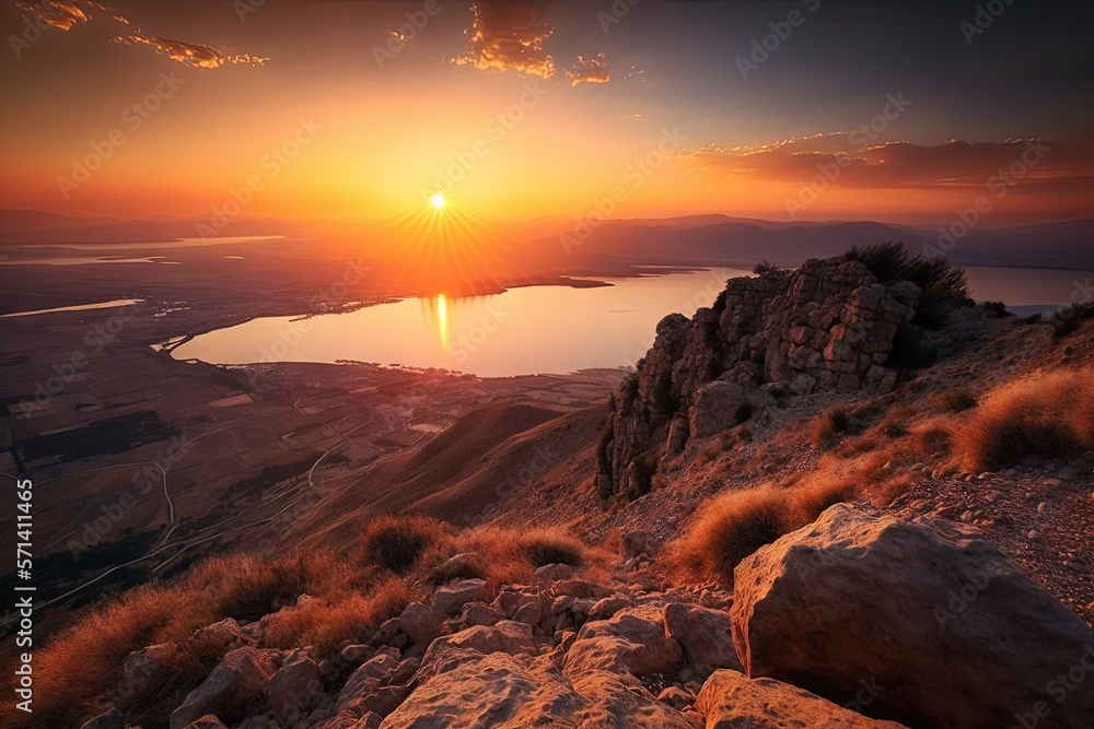 Sunrise over the Sea of Galilee as seen from Mount Arbel. Israeli North ...