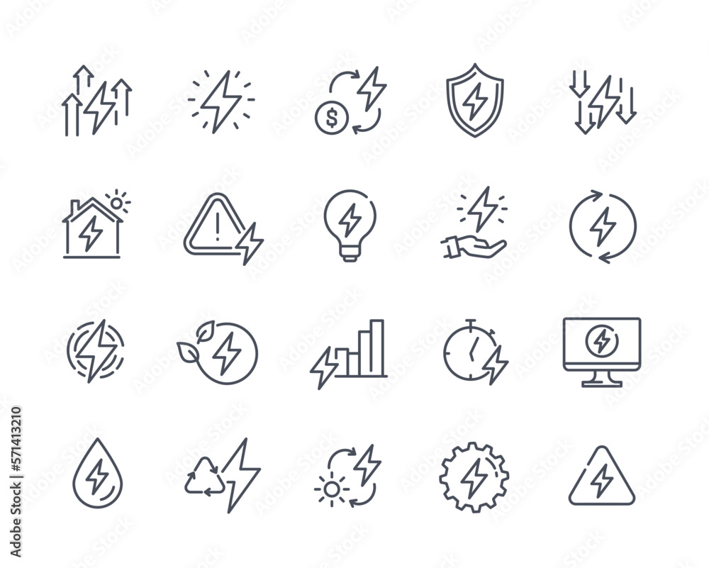 Set of linear icons related to energy. Stickers with alternative ...
