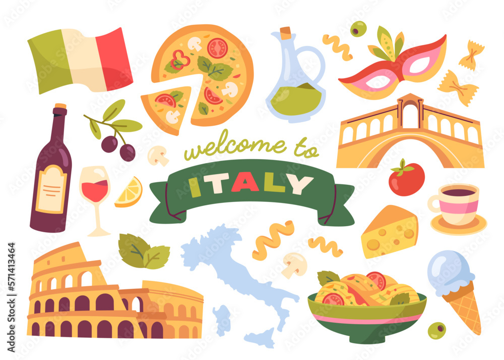 Welcome to Italy sticker set. Badges of traditional Italian culture ...