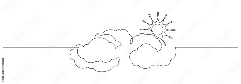 One continuous line drawing of Clouds with sun in the sky. Weather ...
