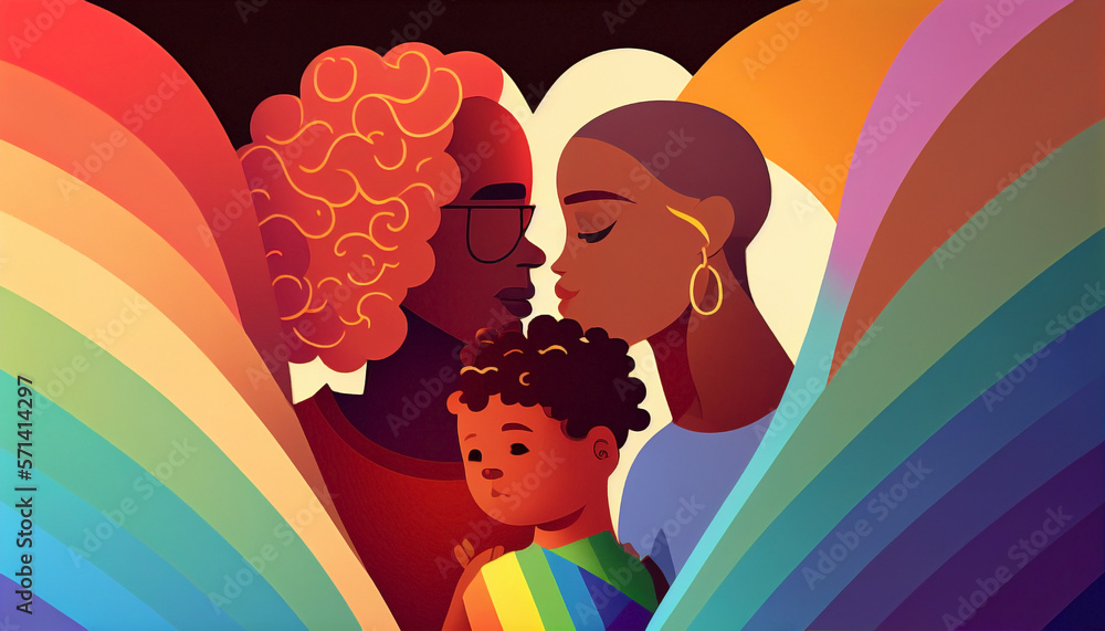 Rainbow lesbian diversity. Lesbian mothers hug their child pride flag ...