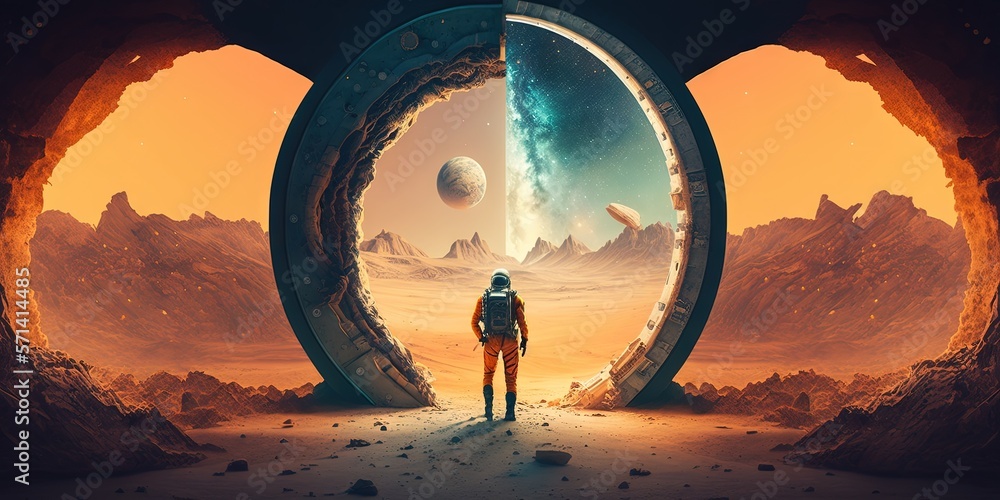 Space and time travel. A time traveler walks through a portal ...