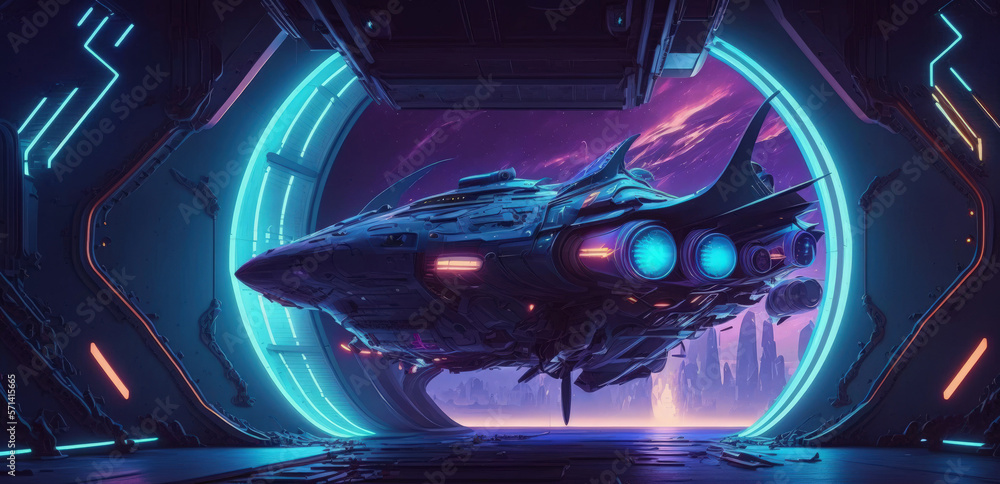 neon in the spaceship hull futuristic dazzling blue purple background ...