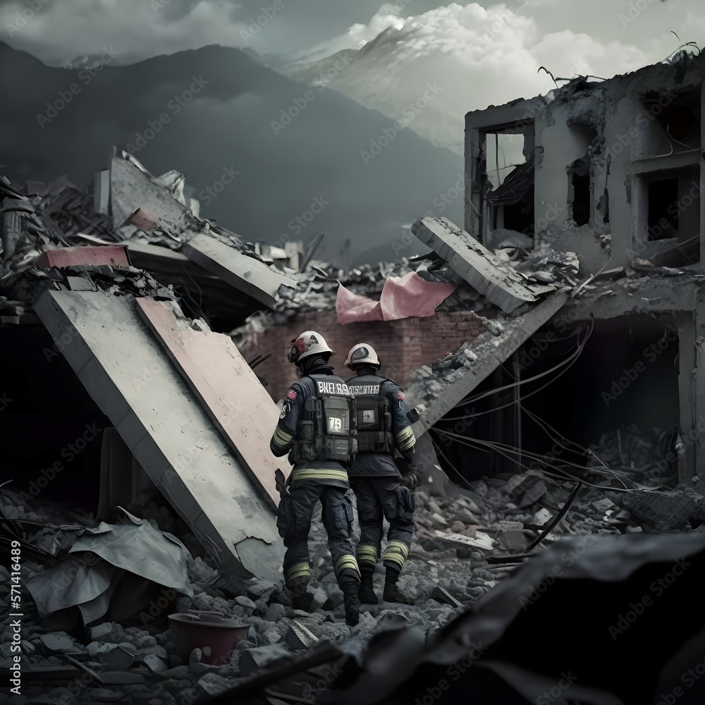 Rescuers in uniform and helmets dismantle the rubble of houses after ...