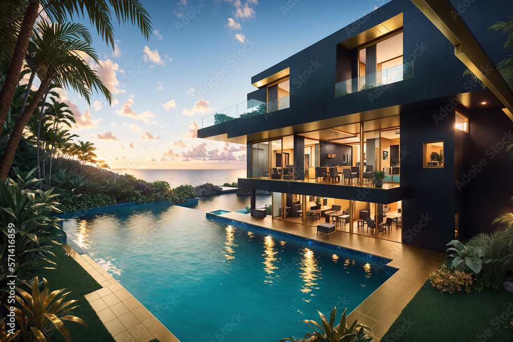 Futuristic modern luxury house with open swimming pool close to sea in ...
