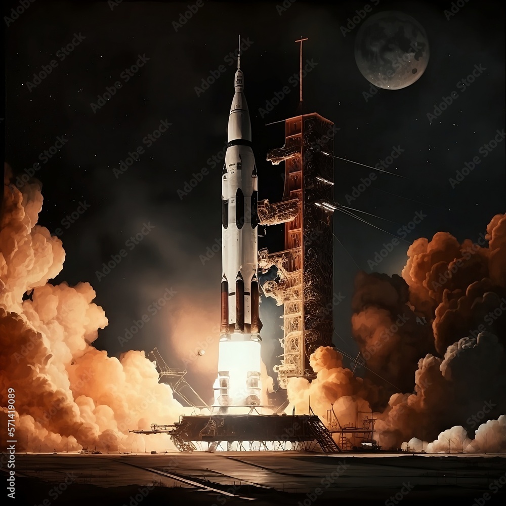Ultra-realistic image of the Saturn V rocket taking off at night Stock ...