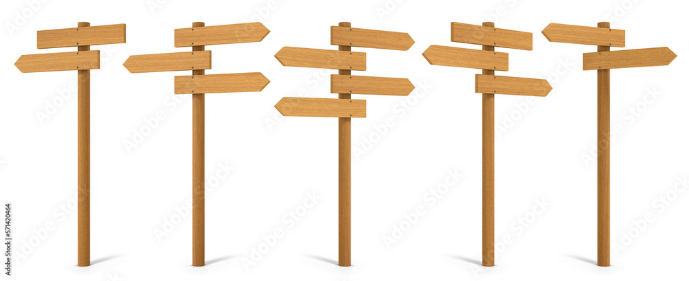 Set of five wooden posts with signboards and direction indicators ...