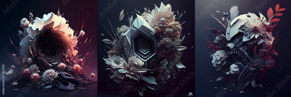 Futuristic bionic flowers, illustration. Isolated composition. Dark ...