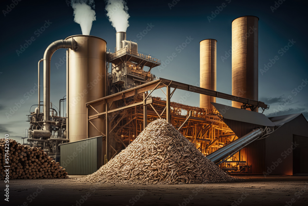 biomass plant with stacks of wood chips and logs waiting to be ...