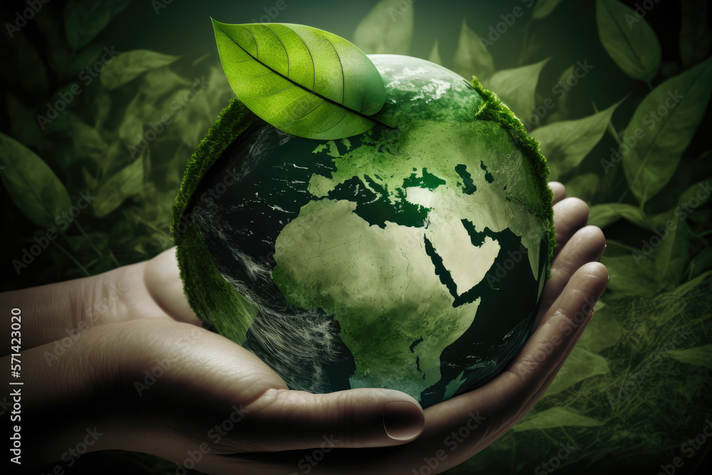 green globe being held by a pair of hands sprouting leaves, symbolizing ...