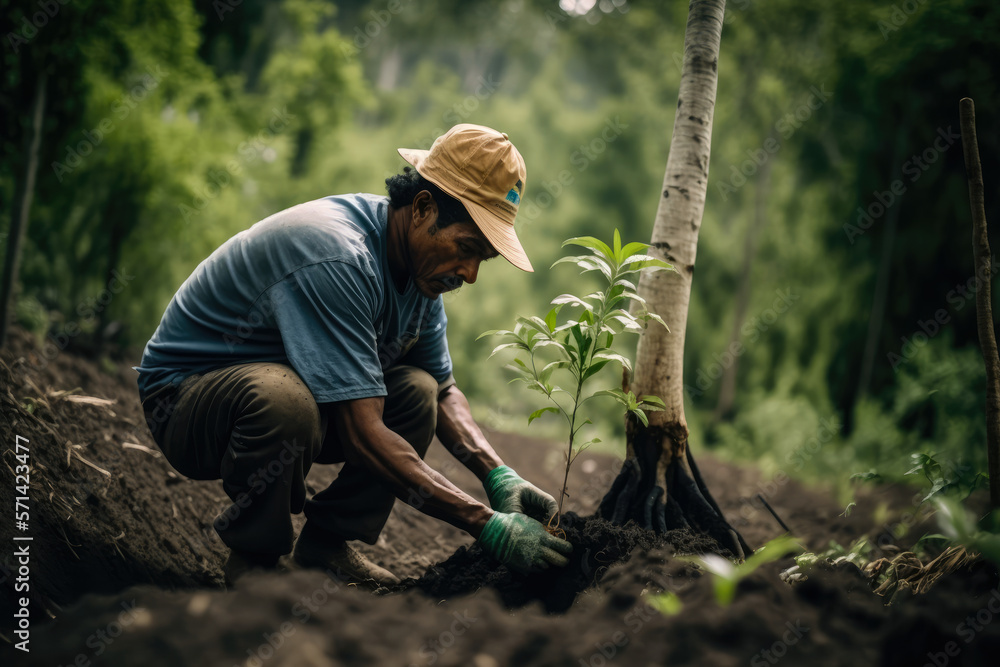 person planting trees in a deforested area, symbolizing a reforestation ...