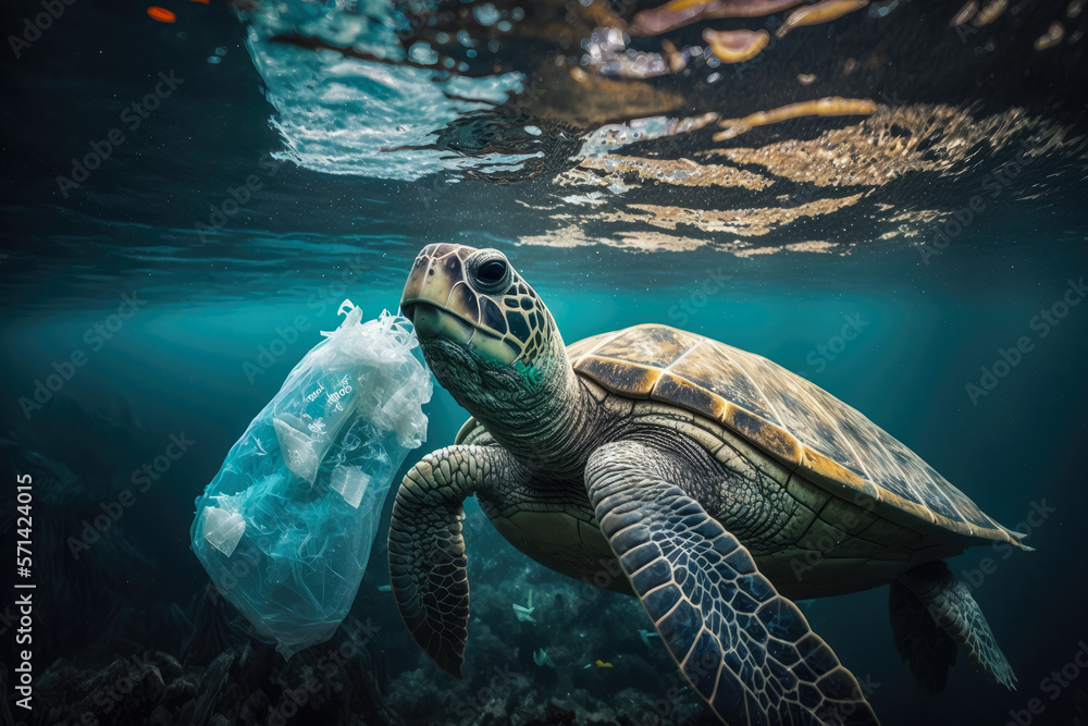 turtle swimming in the ocean surrounded by plastic bottles and bags ...