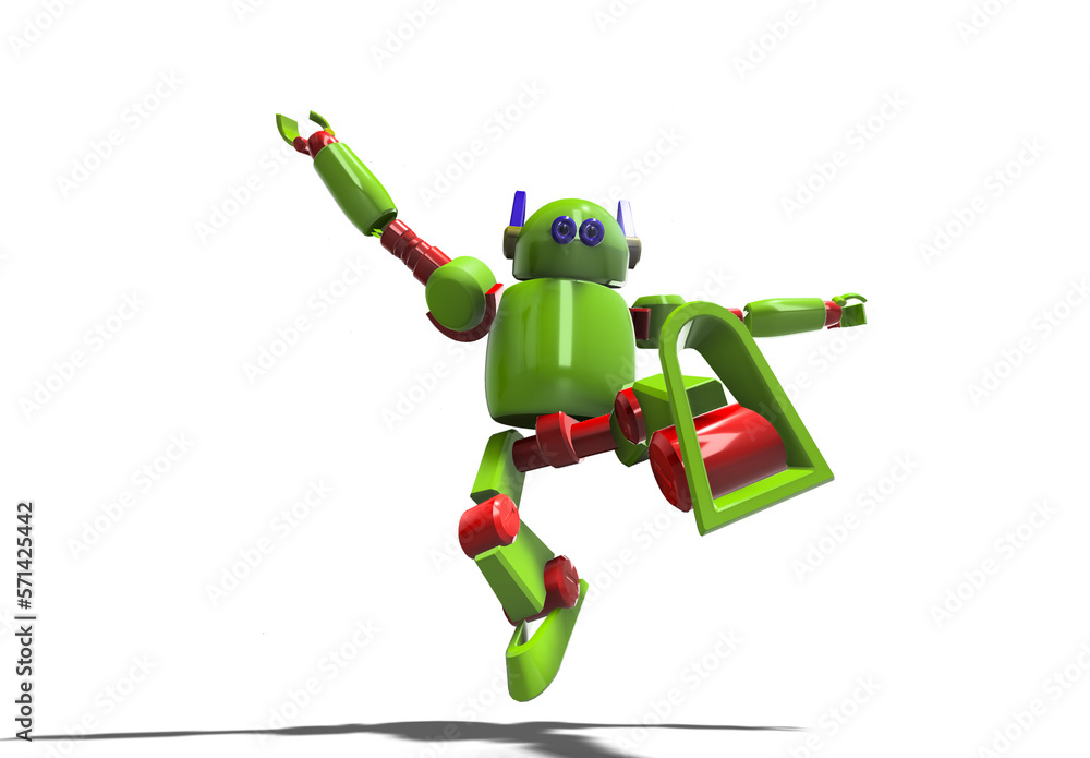 Cute robot with hand up,foot up and jumping in the air white background ...