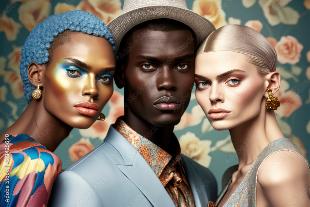 Portrait. three multicultural fashion models wearing glamorous 70s ...