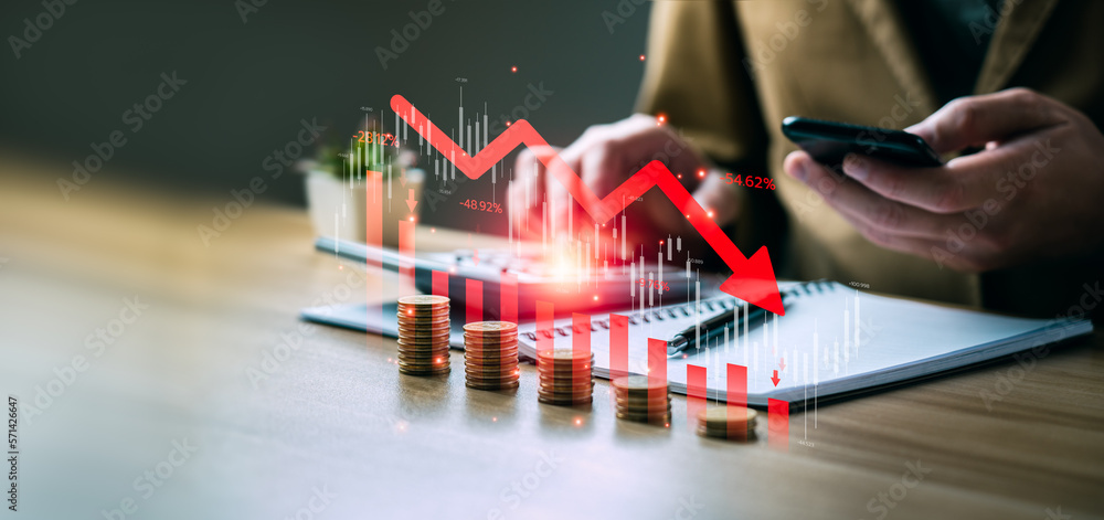 Economic collapse concept, businessman with falling financial graph ...