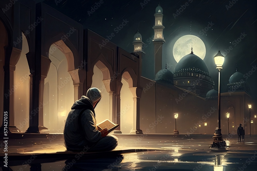 A man reading quran in front of a mosque in the middle of night - AI ...