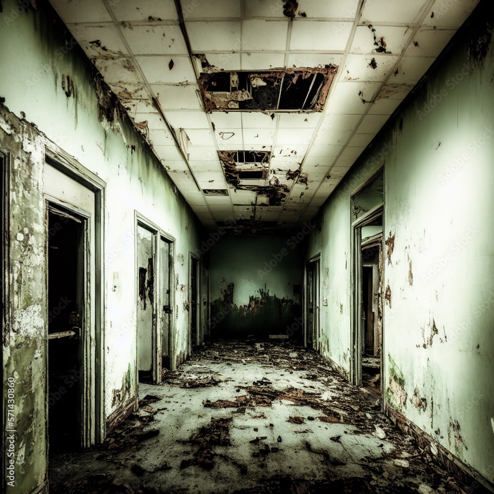 The interiors of an abandoned hospital, in a horror style, with eerie ...