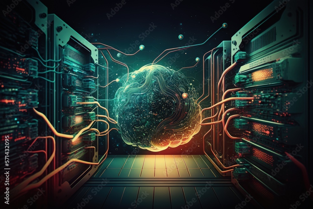 network connections across a server room composition. Digitally ...
