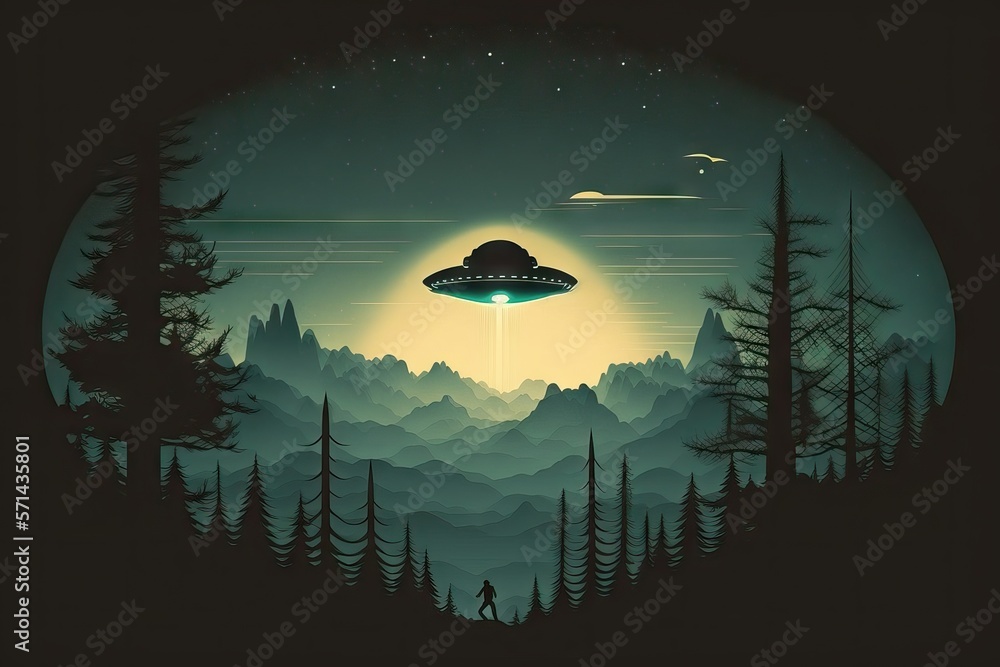 Alien UFO in the sky, in a simple design, with beautiful elements ...