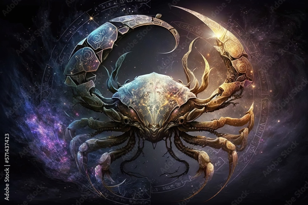 Backdrop of sacred zodiac Cancer symbols, astrology, alchemy, magic ...