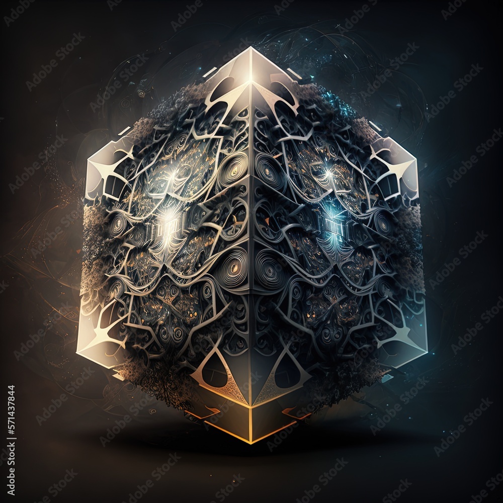 tesseract with fractal design in order and chaos. Abstract multiverse ...