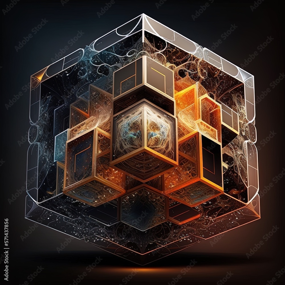 tesseract with fractal design in order and chaos. Abstract multiverse ...