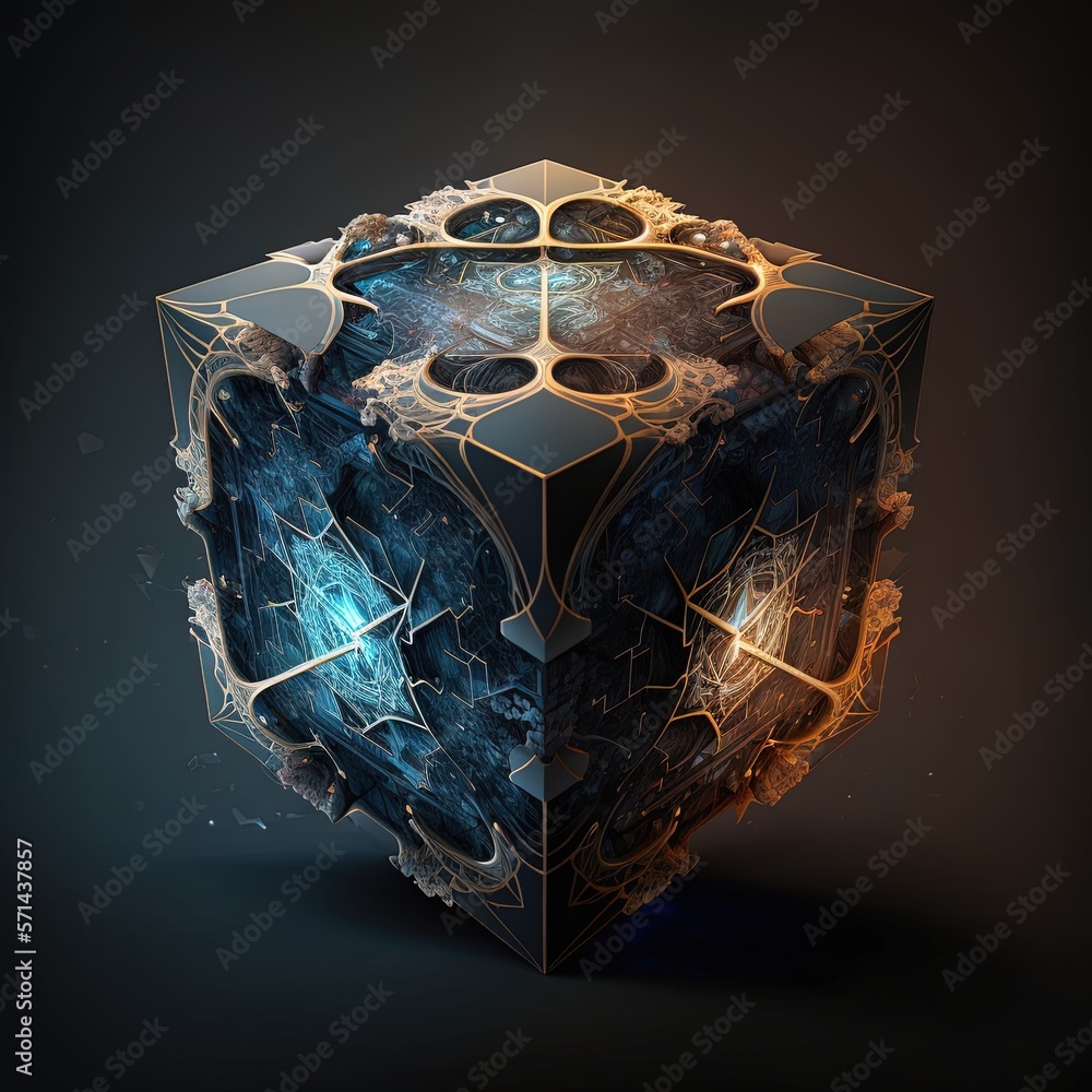 tesseract with fractal design in order and chaos. Abstract multiverse ...