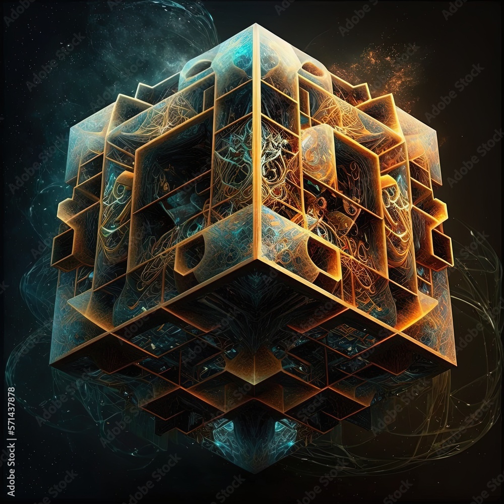 tesseract with fractal design in order and chaos. Abstract multiverse ...