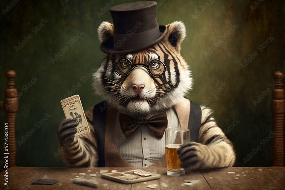 Tiger playing cards with monocle and top hat, Illustration, AI ...