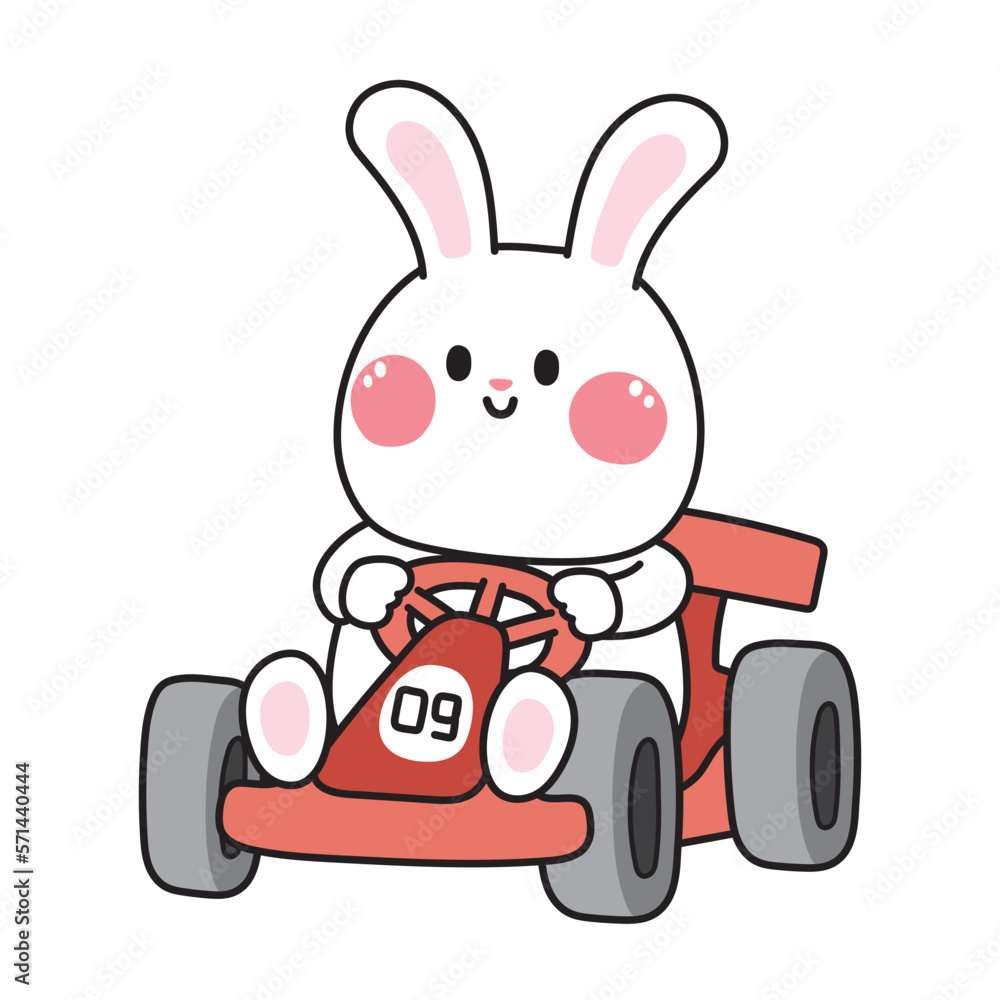 Cute rabbit ride gokart car cartoon on white background.Animal pet ...