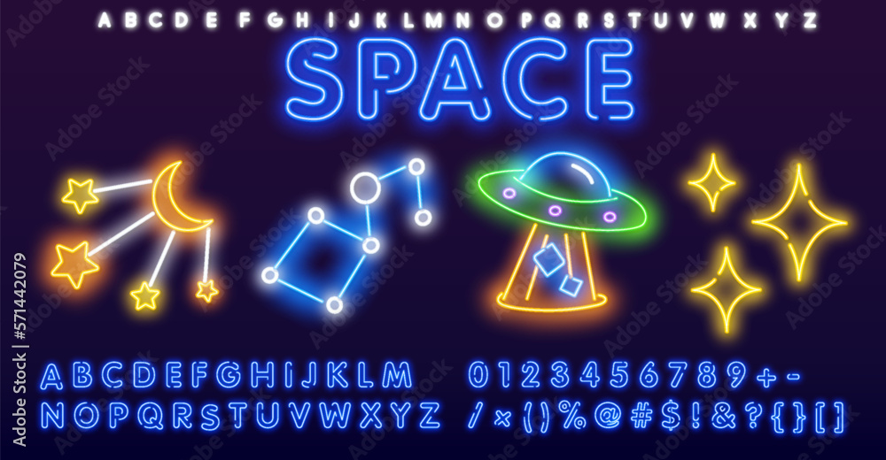 Neon stars icons. Set of neon icons on a space theme: planets, comets ...