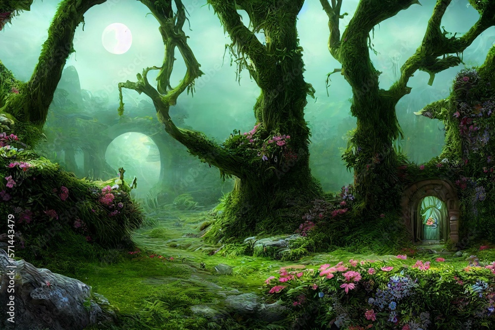 Spectacular fantasy scene with a portal curtain covered in flowers ...