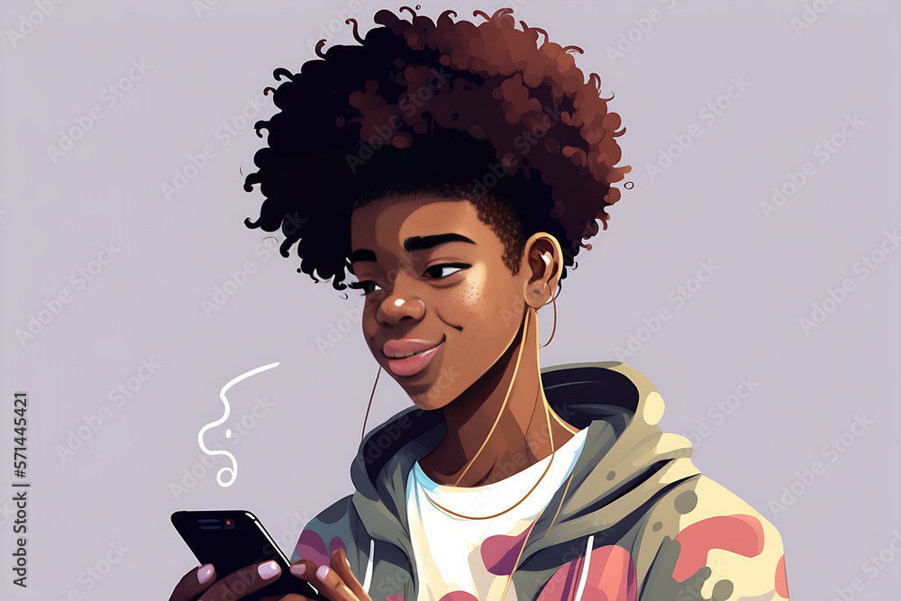 Flat vector illustration Young happy cool curly african american ...