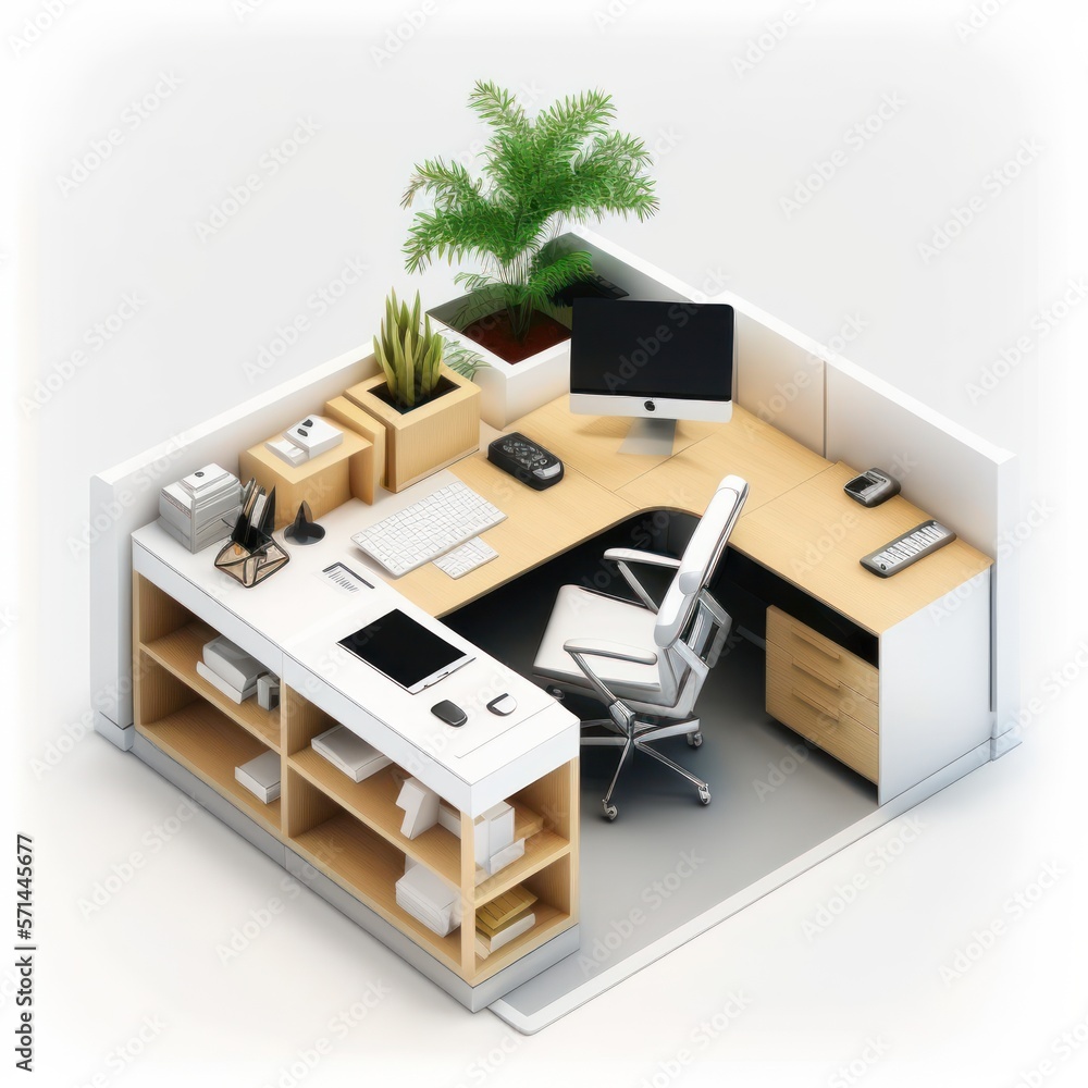 Detailed isometric illustration of a modern cubicle desk in a bright ...