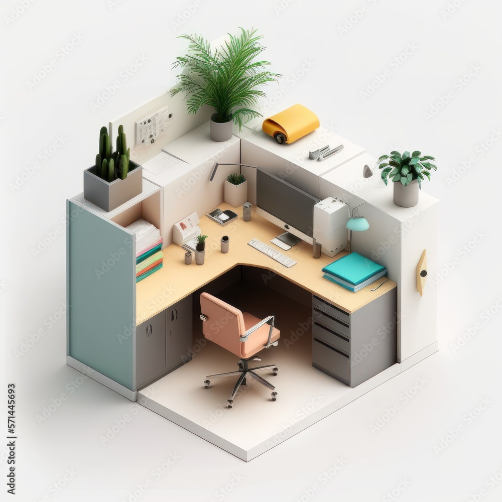 Detailed isometric illustration of a modern cubicle desk in a bright ...