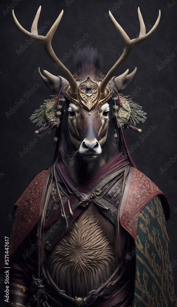 Majestic Animal Elk Shogun in Samurai Armor: A Depiction of Japanese ...